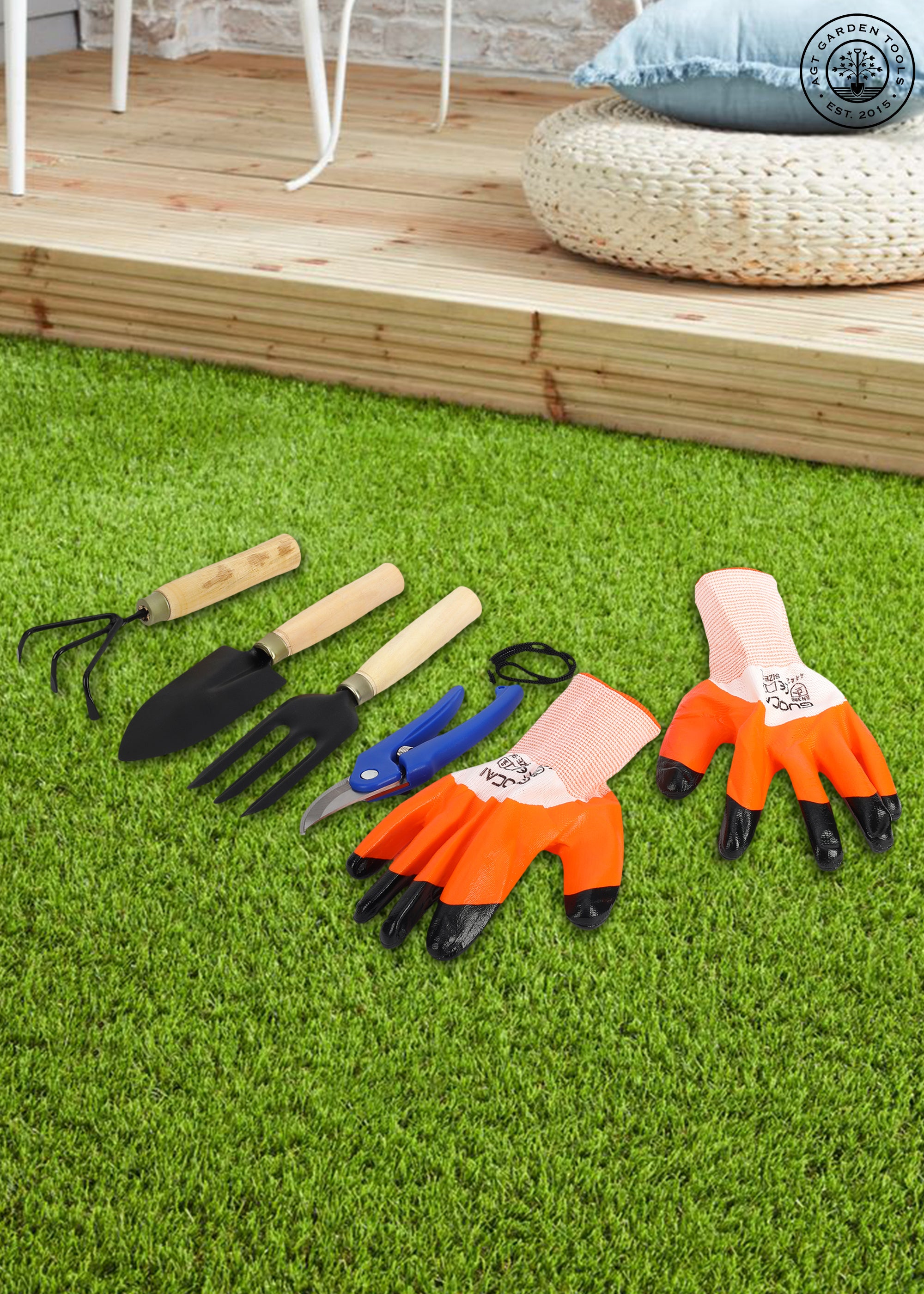 AGT® 3PCS Wooden Handle Cultivator Free Rubber Hand Gloves Garden Tool ...